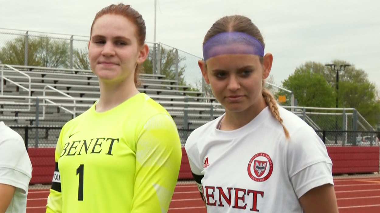 Benet Academy’s Bailey Abbott powers home a header off the corner kick ...